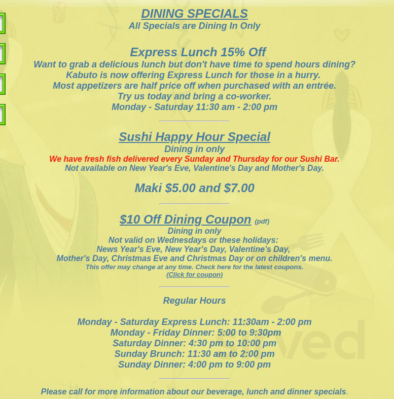 Menu for Kabuto Japanese House of Steak in Richmond, VA | Sirved
