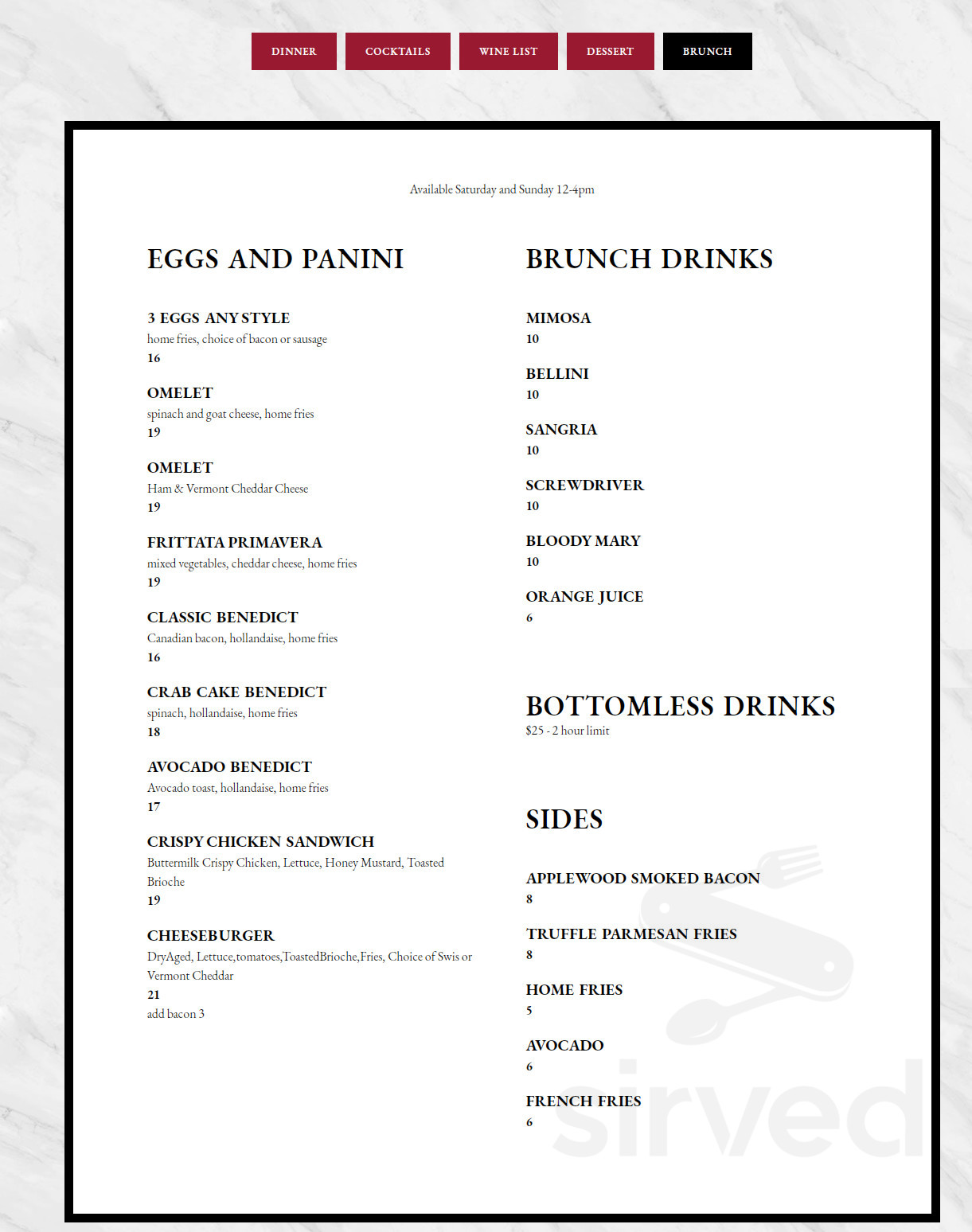 Menu - New York NY's Bocca di Bacco | Sirved