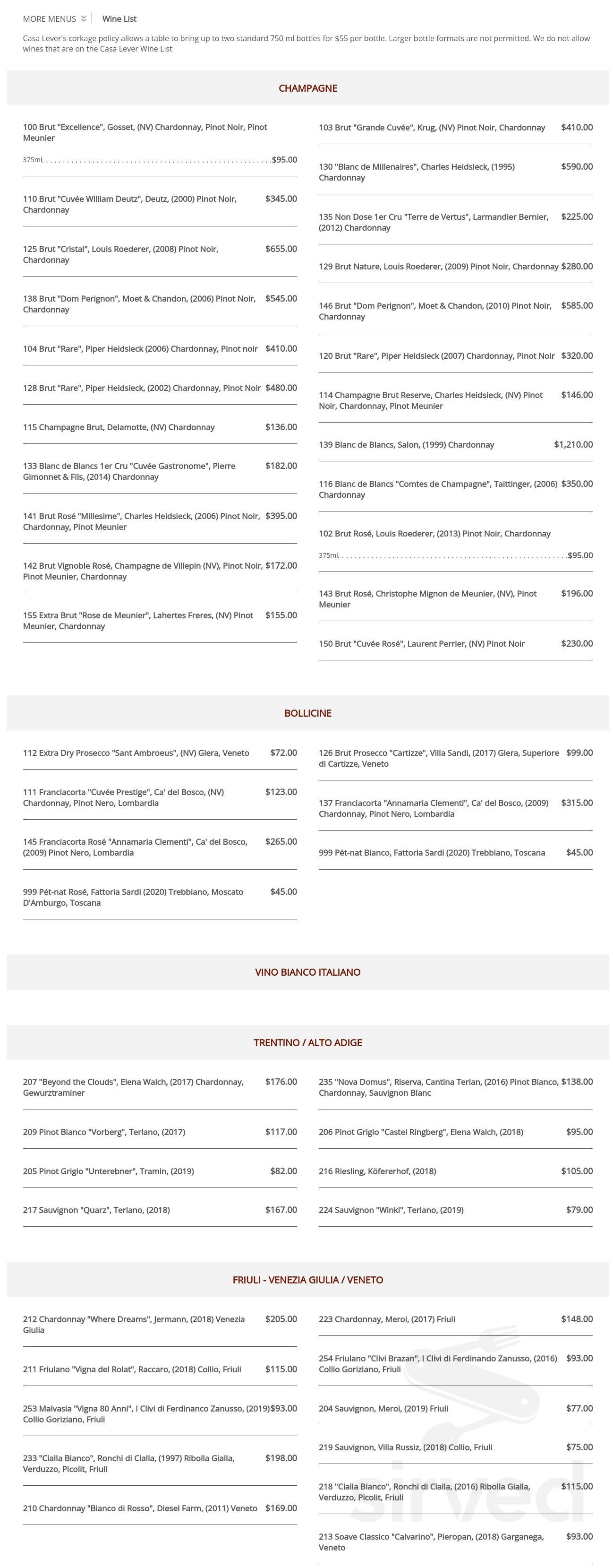 Casa Lever menu in New York, New York, USA