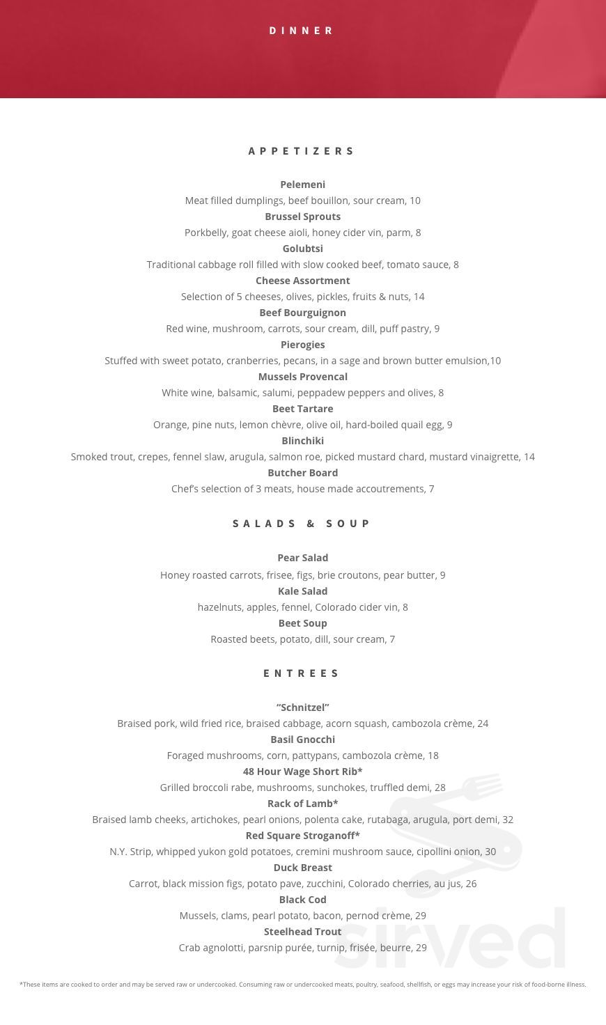 Red Square Euro Bistro menu in Denver, Colorado, USA