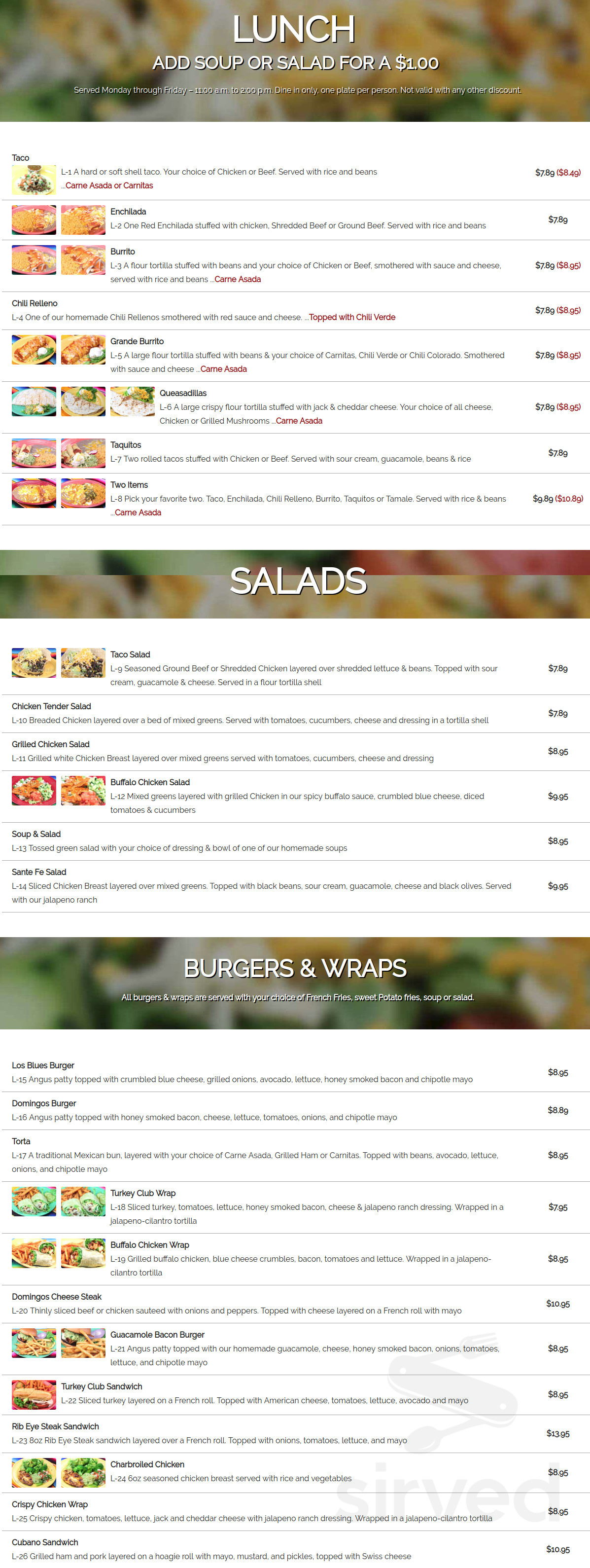 Los Domingos Restaurant and Lounge menu in Barstow, California, USA