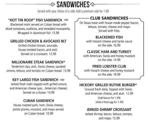 Sundowners menu in Key Largo, Florida, USA