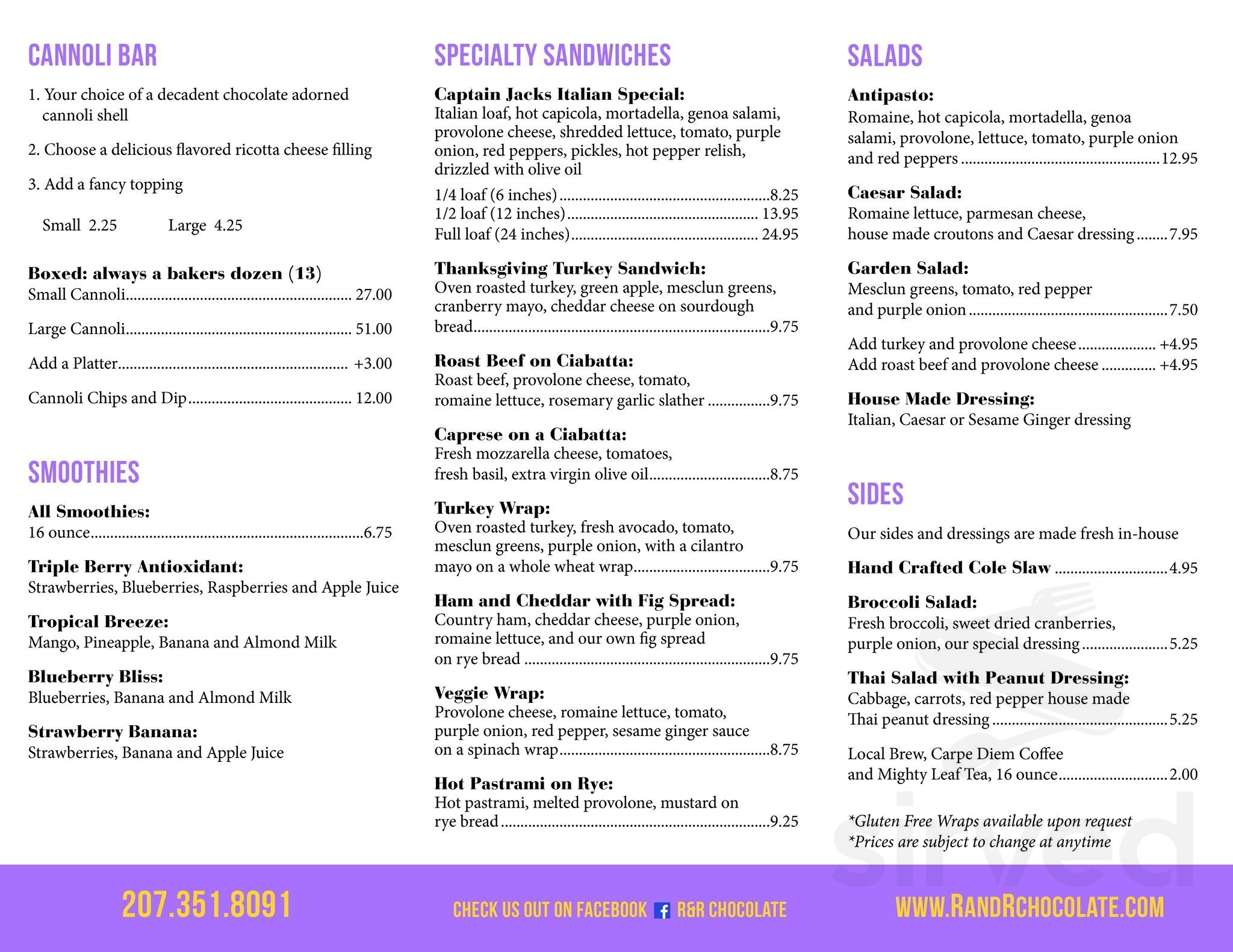 R&R Chocolate menu in Wells, Maine, USA