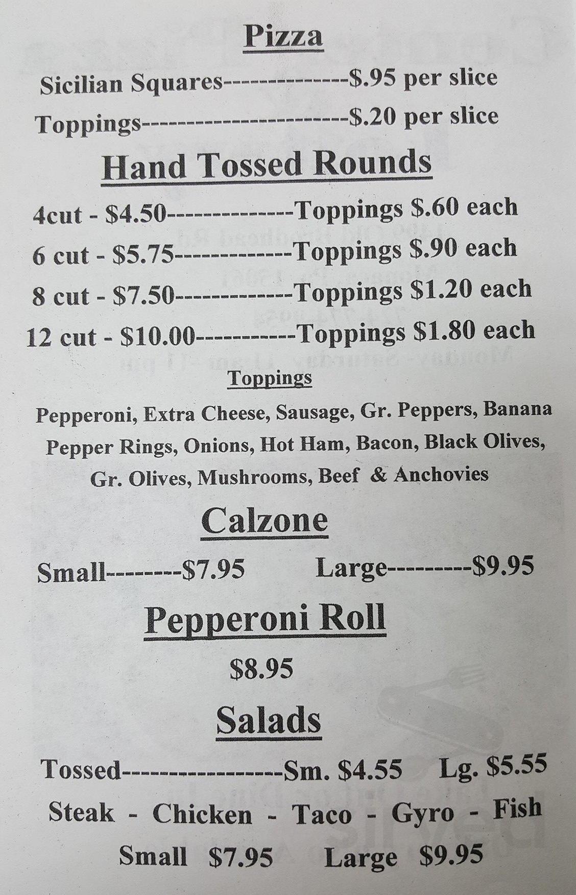 Center Pizza menu in Monaca, Pennsylvania, USA