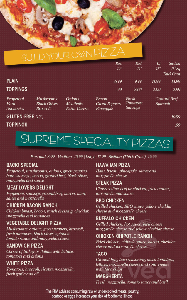 Bacio Pizza Italian Grill menus in Manheim, Pennsylvania, United States