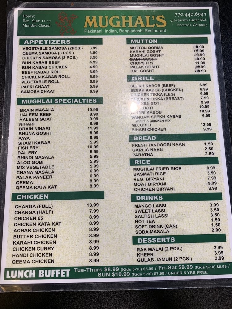 Mughals menu in Norcross, Georgia, USA