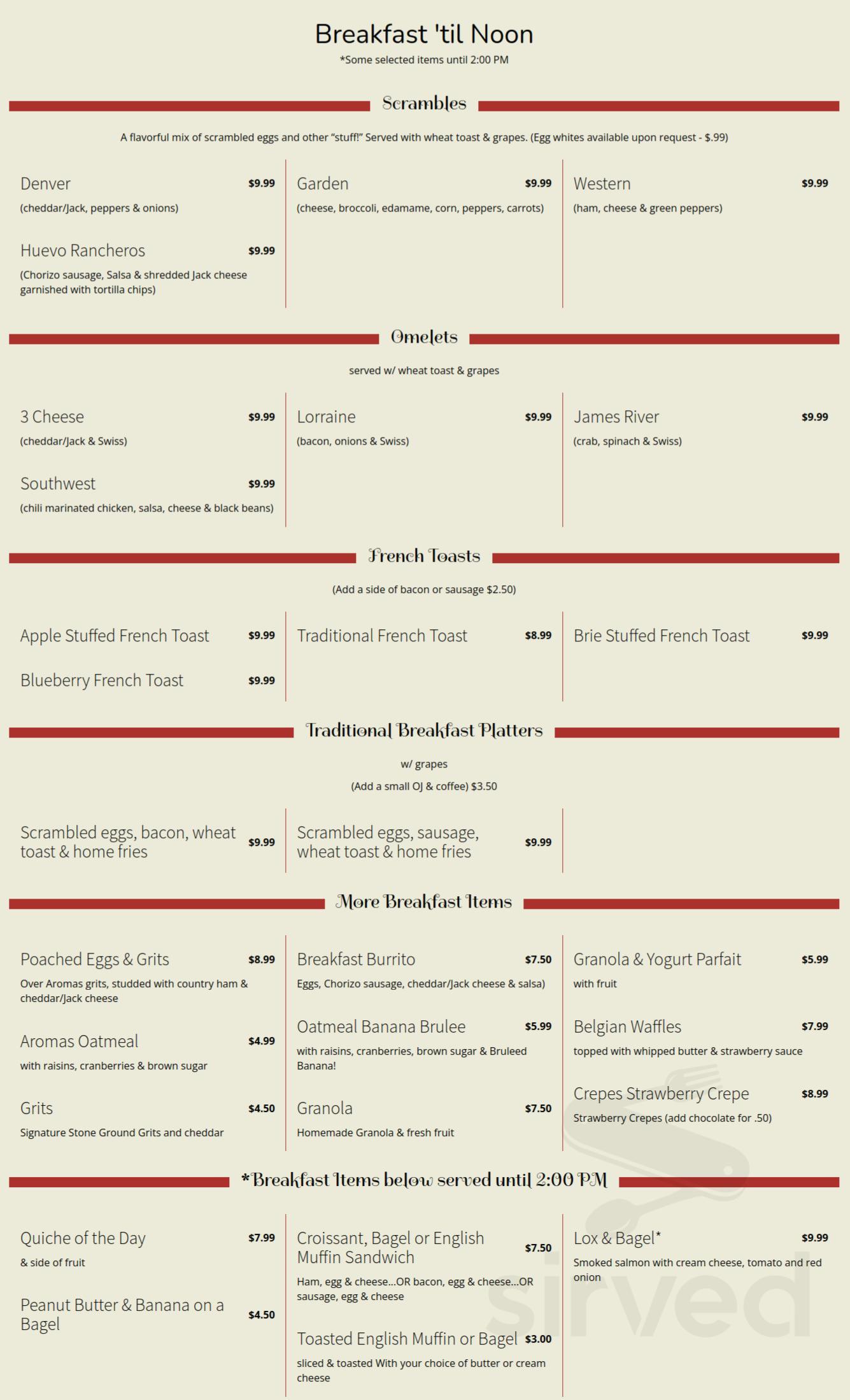 Aromas Coffeehouse Bakery & Cafe menu in Williamsburg, Virginia, USA