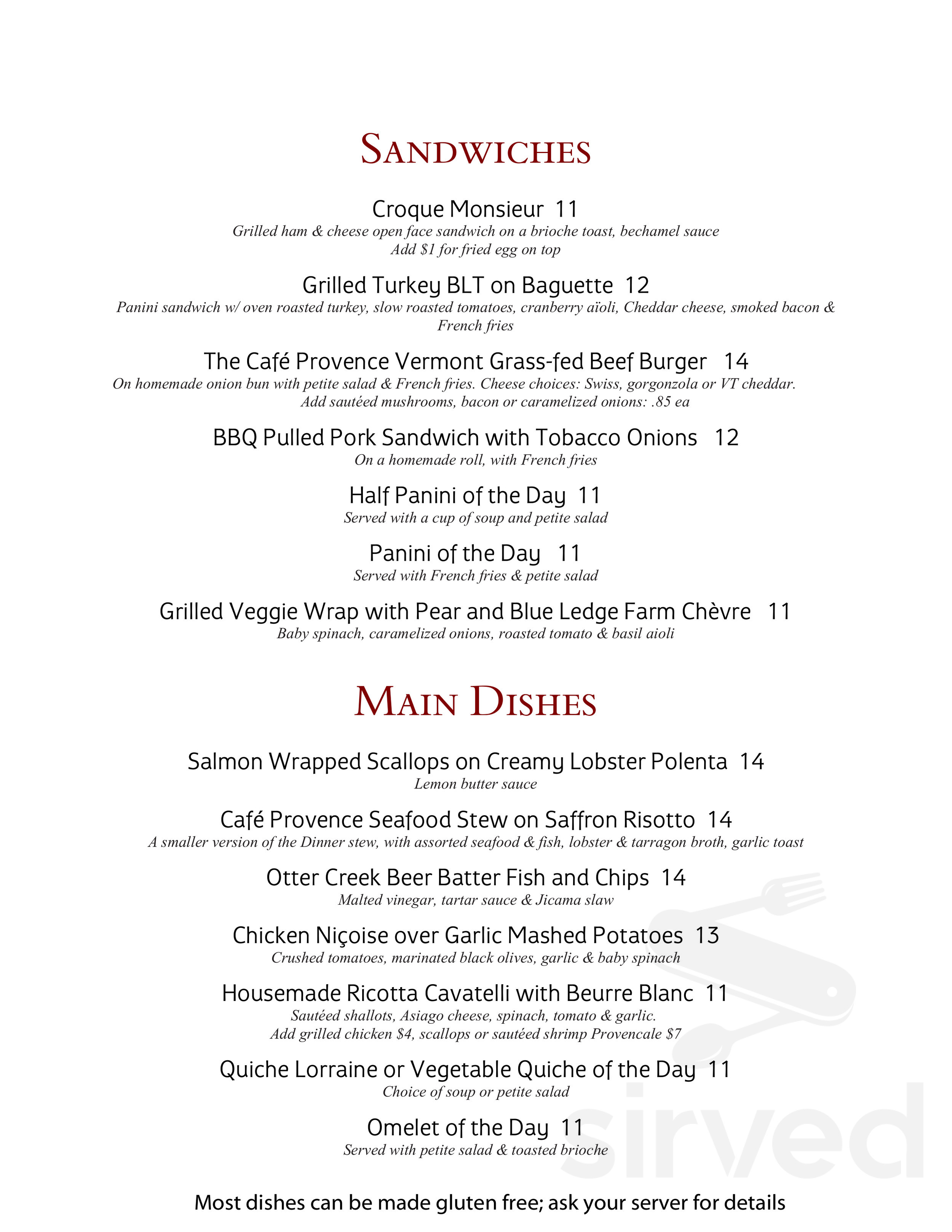 Cafe Provence menu in Brandon, Vermont, USA