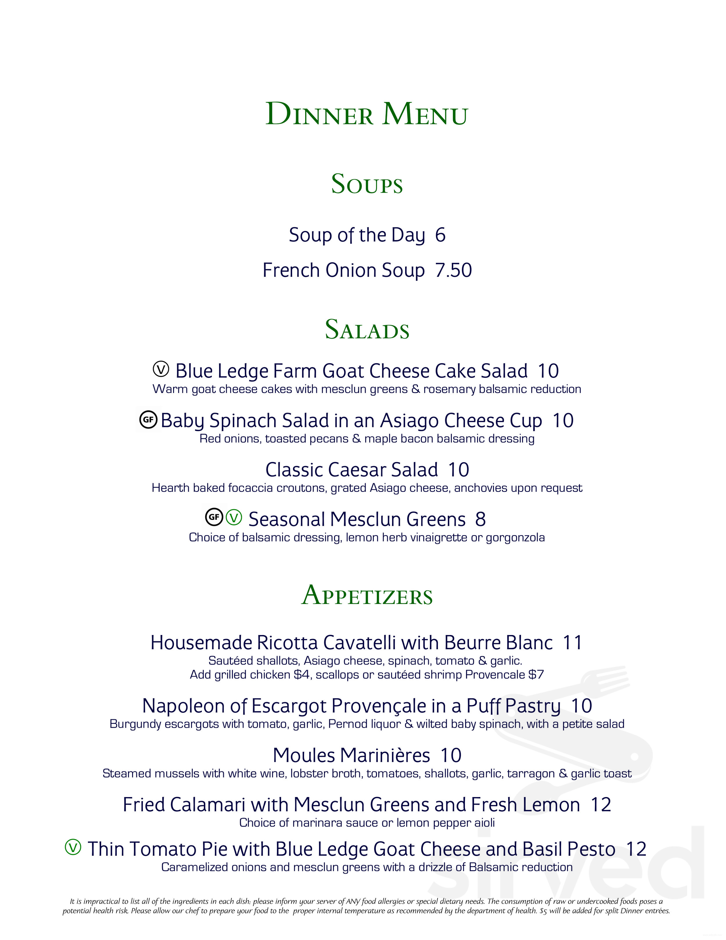 Cafe Provence menu in Brandon, Vermont, USA