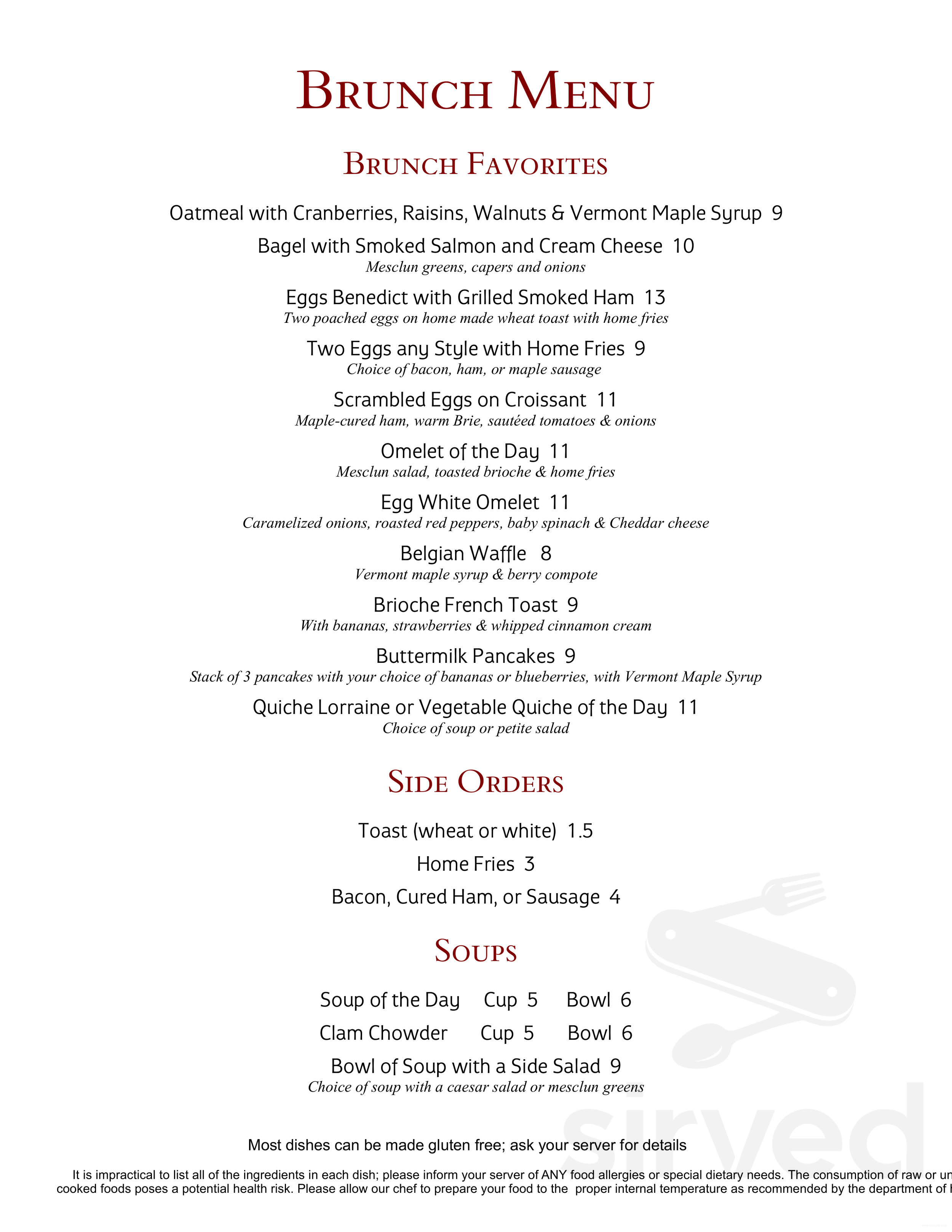 Cafe Provence menu in Brandon, Vermont, USA
