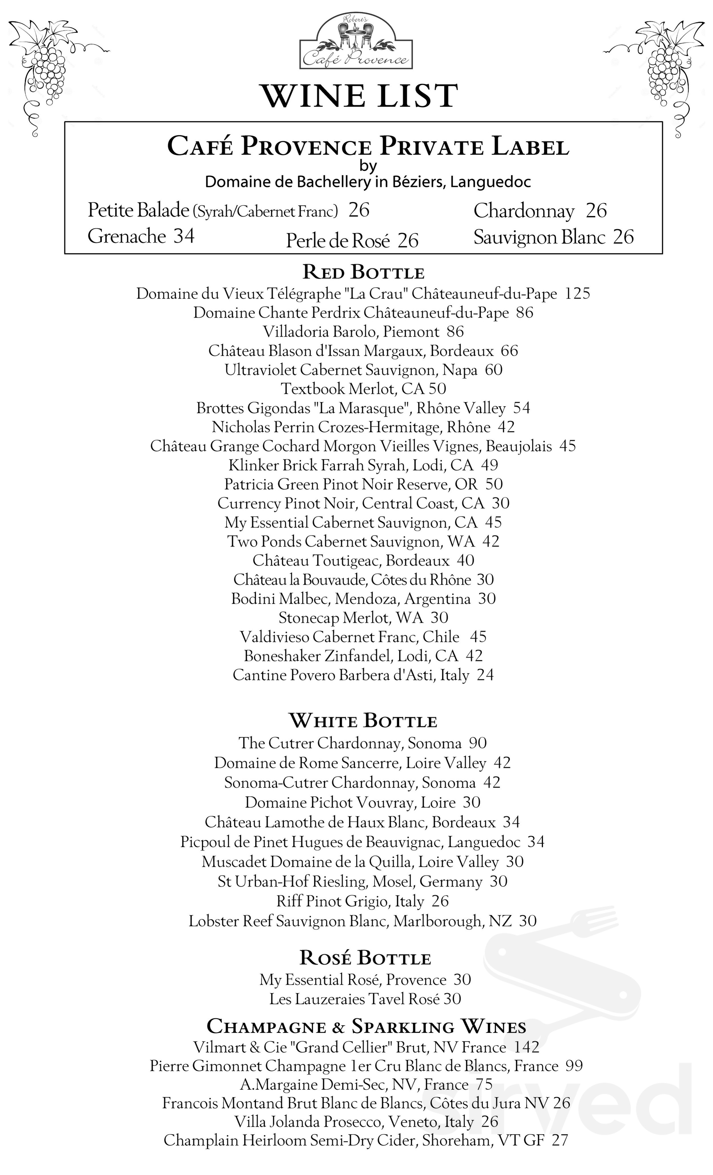 Cafe Provence menu in Brandon, Vermont, USA
