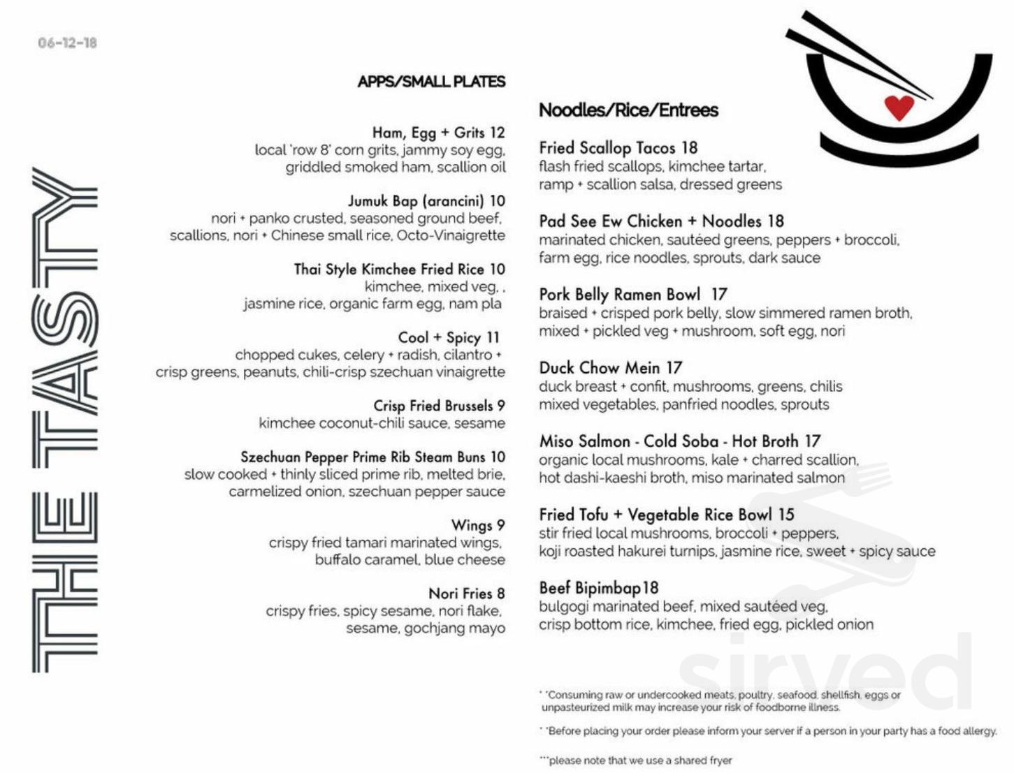 The Tasty menu in Plymouth, Massachusetts, USA