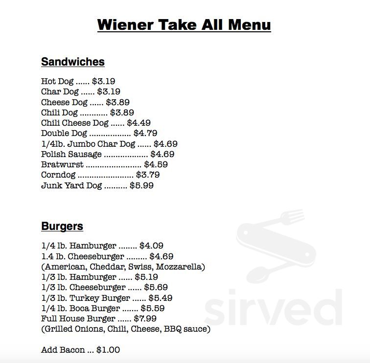 Wiener Take All menus in Buffalo Grove, Illinois, United States