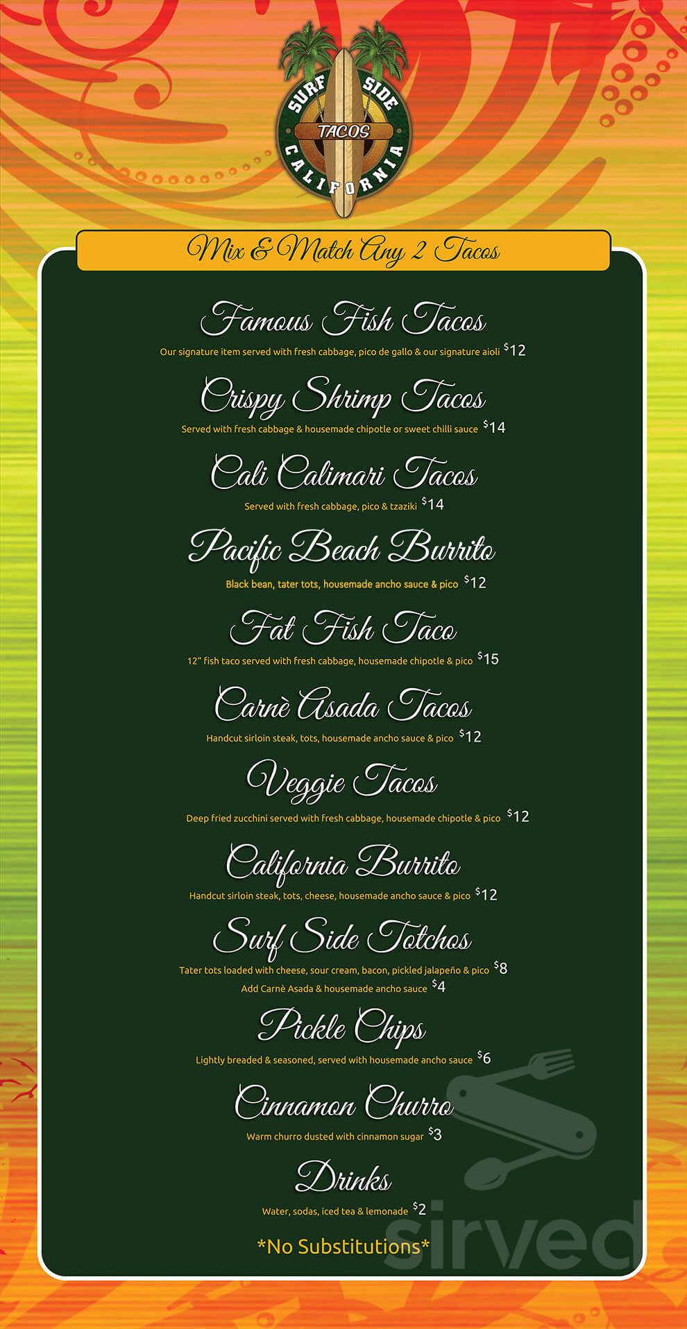 Surf Side California Street Food menu in Kelowna, British Columbia, Canada