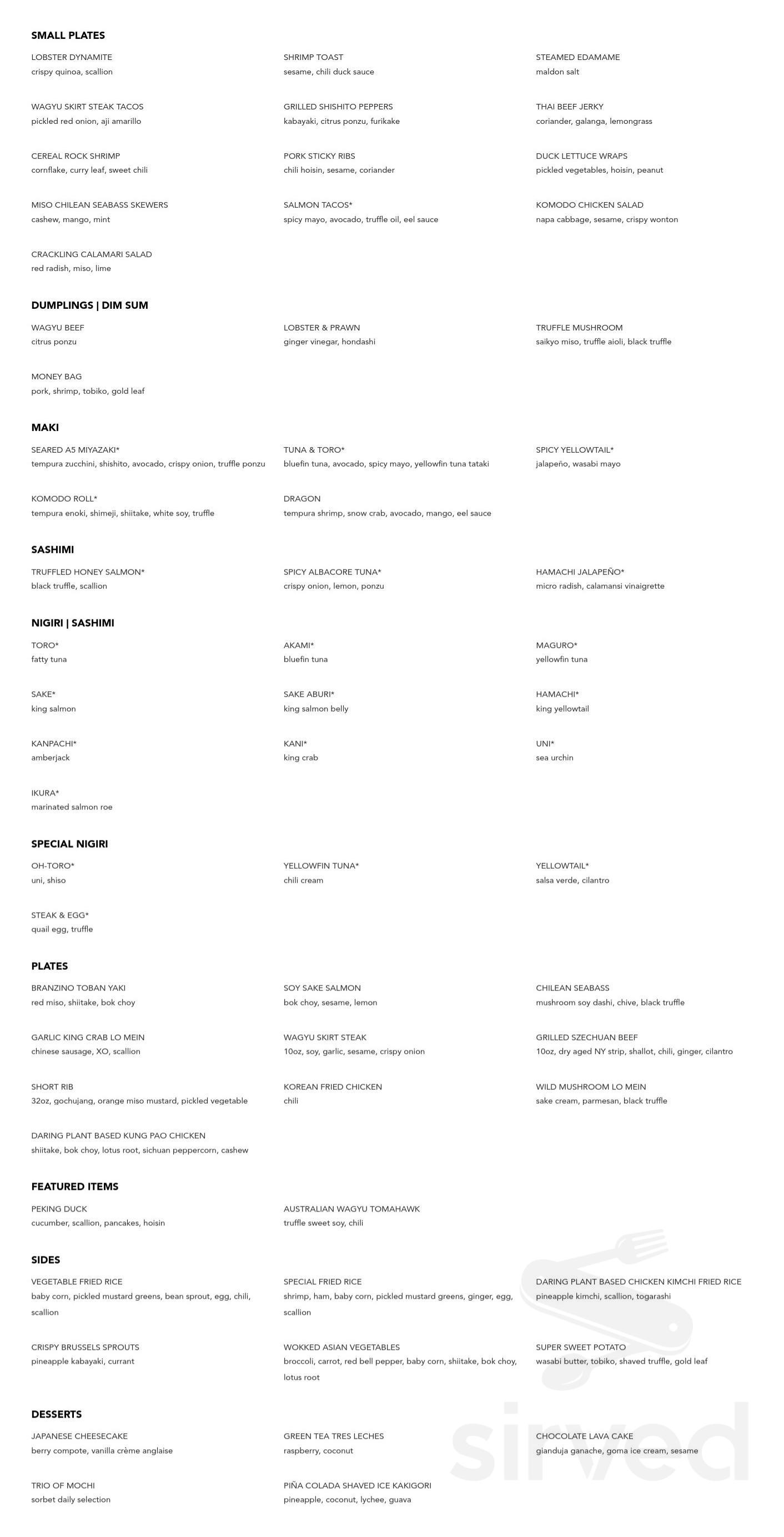 KOMODO Restaurant menu in Miami, Florida, USA