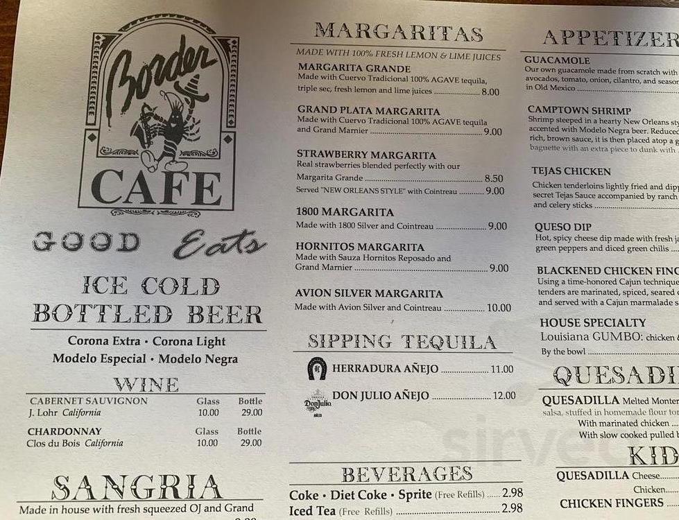 The Border Cafe menu in Newark, Delaware, USA