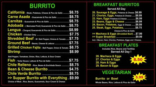 Los Burritos Express menu in Rancho Cordova, California, USA
