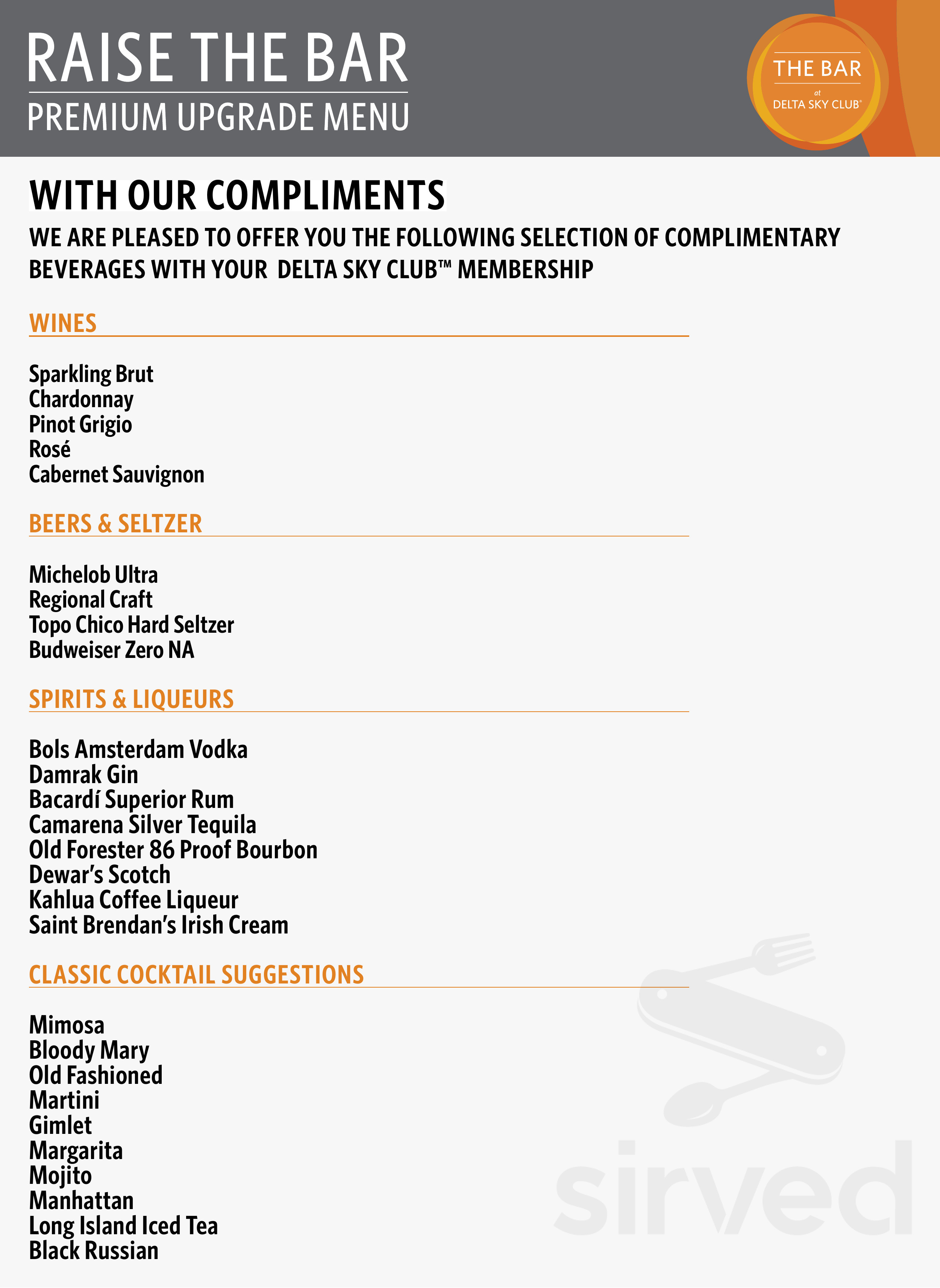 Delta Sky Club menu in Memphis, Tennessee, USA