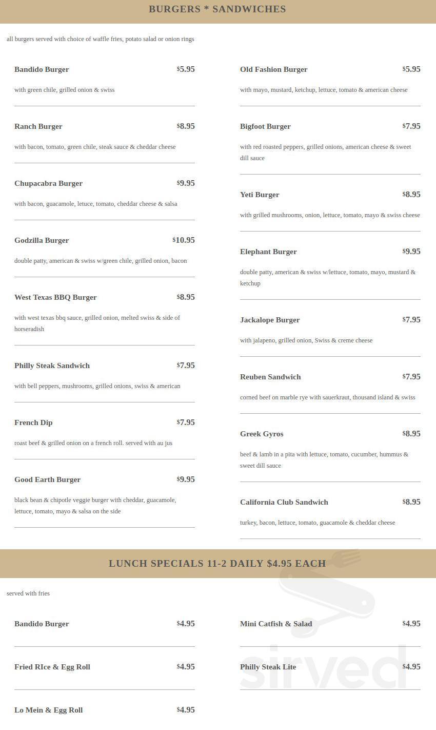 Bigfoot Restaurant menu in Elephant Butte, New Mexico, USA