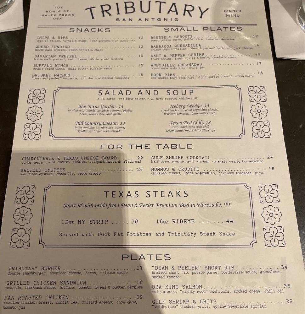 Tributary menu in San Antonio, Texas, USA