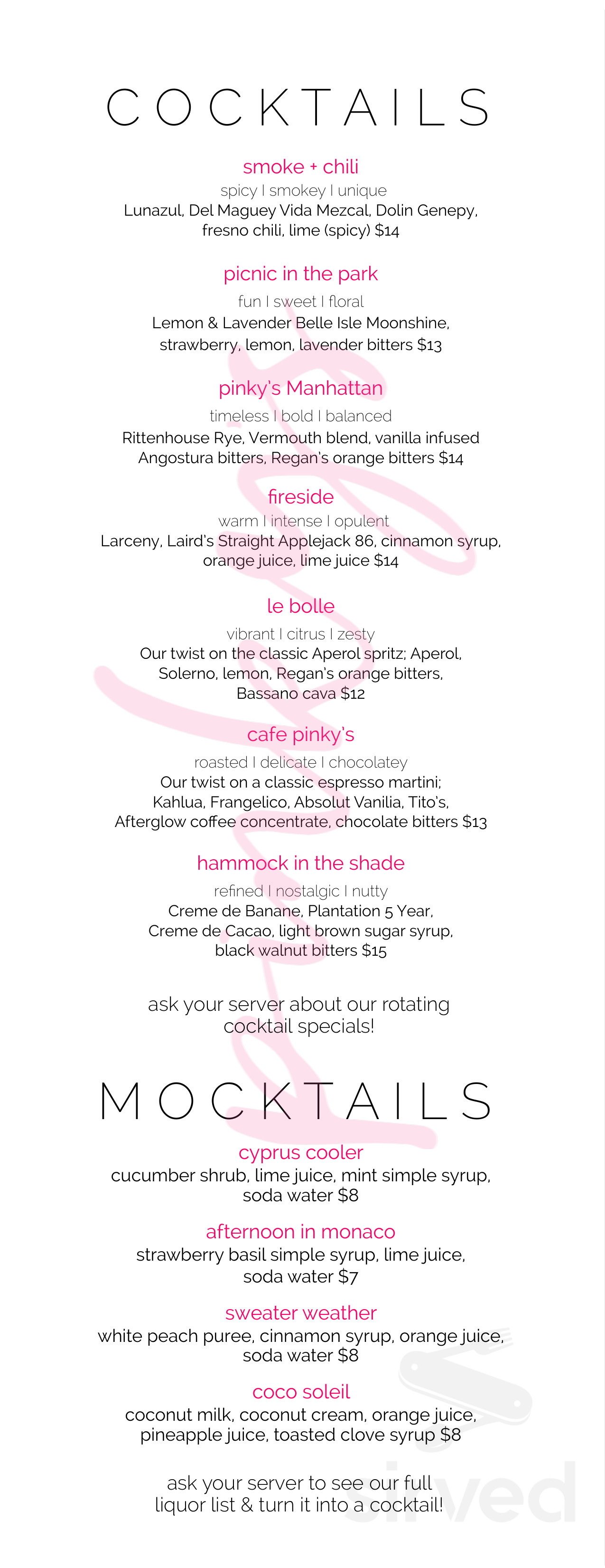 Menu - Richmond VA's Pinky's | Sirved