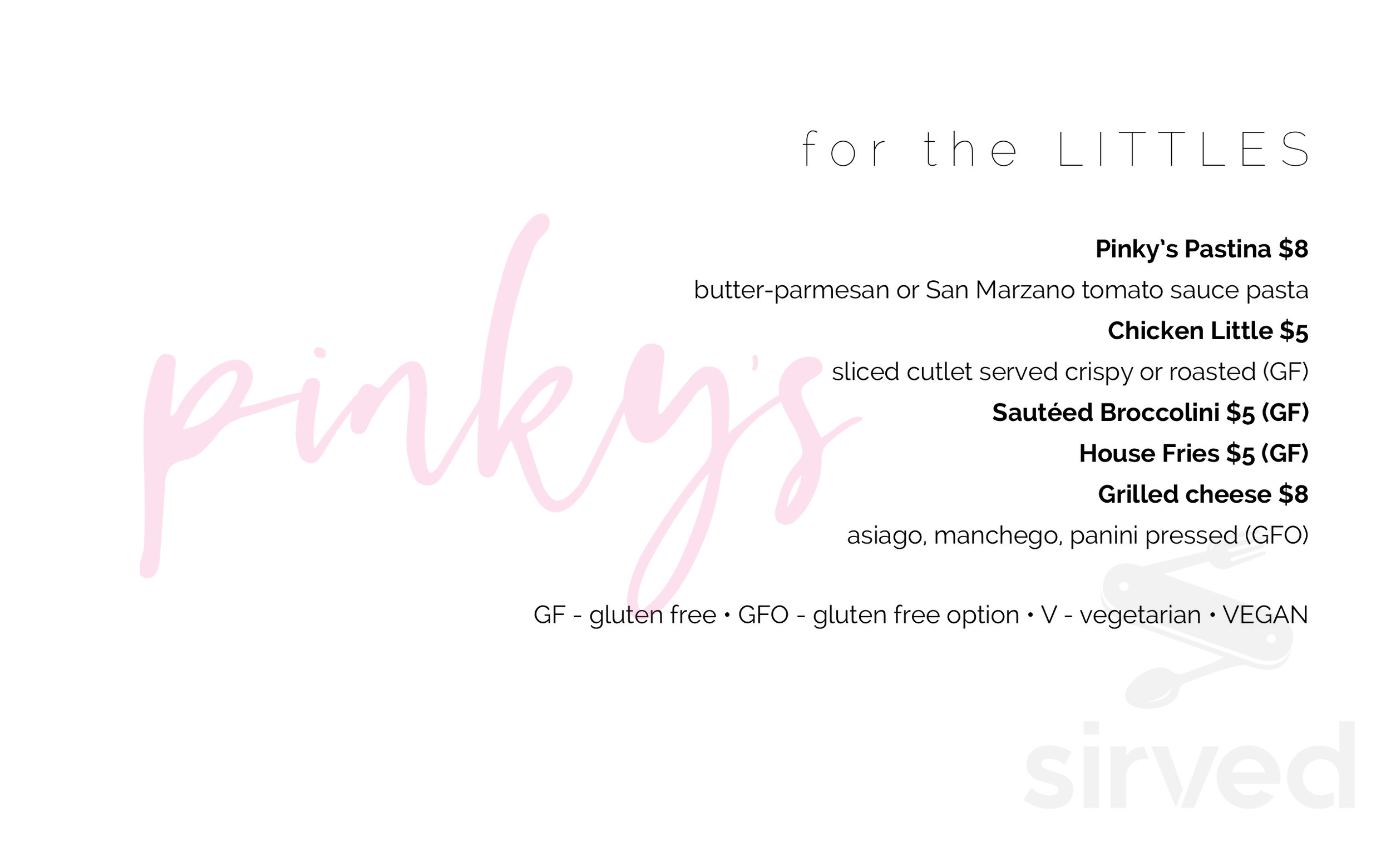 Menu - Richmond VA's Pinky's | Sirved