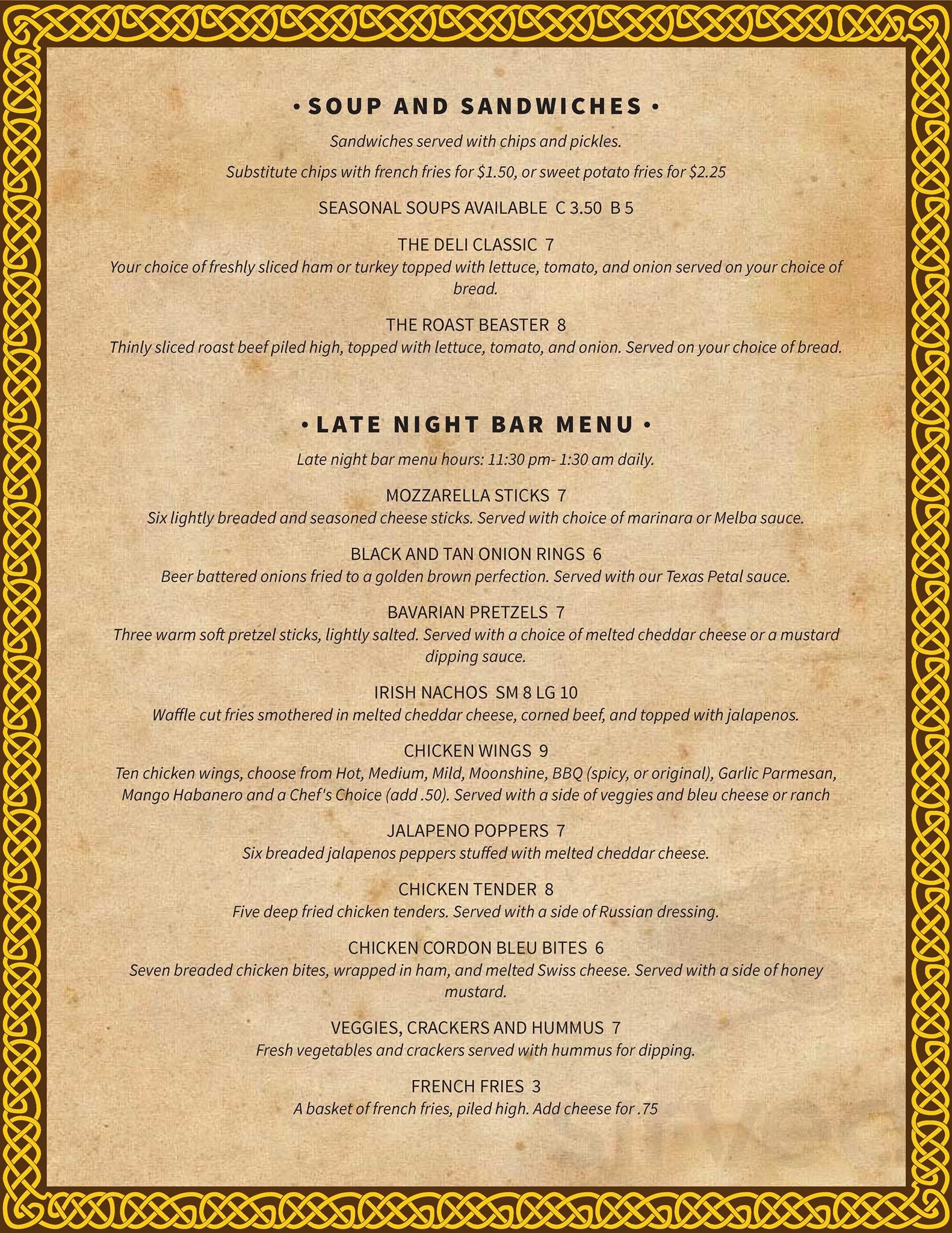 Patrick's Pub menu in Watervliet, New York, USA