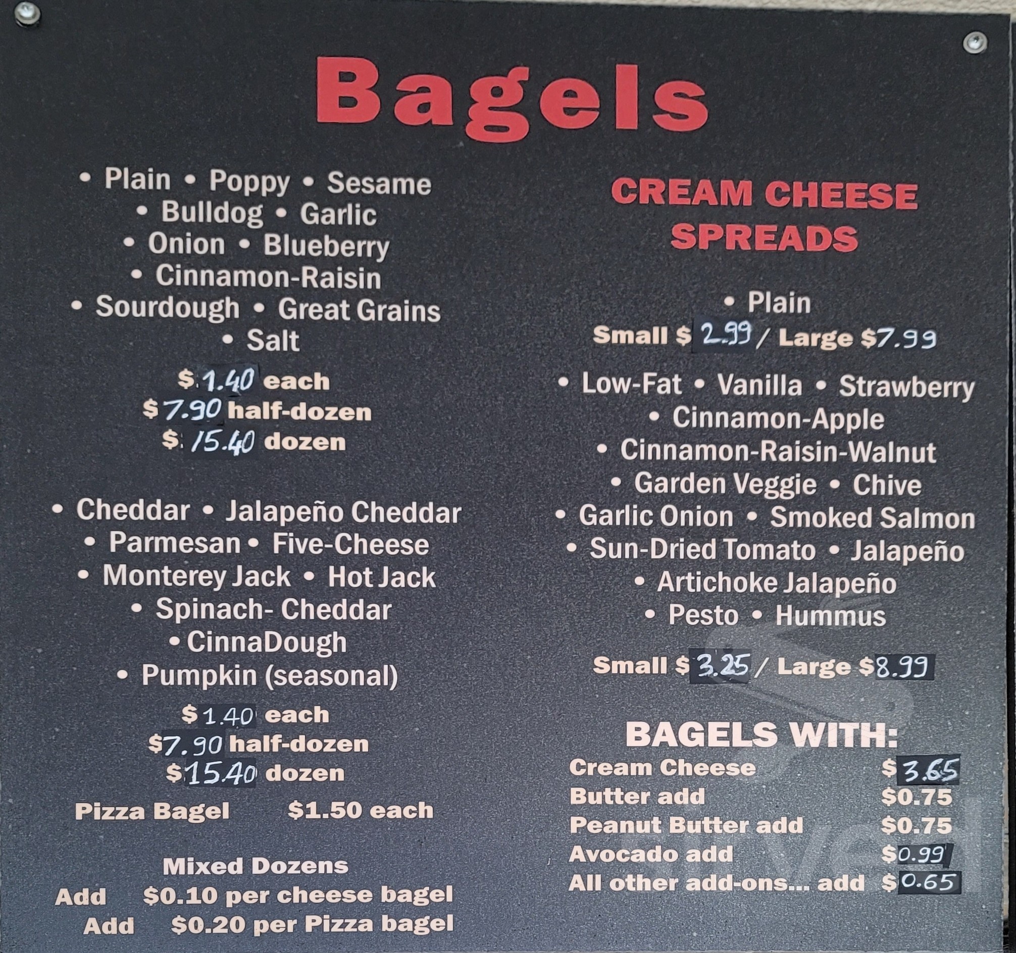 Bubba's Bagels menu in Grass Valley, California, USA