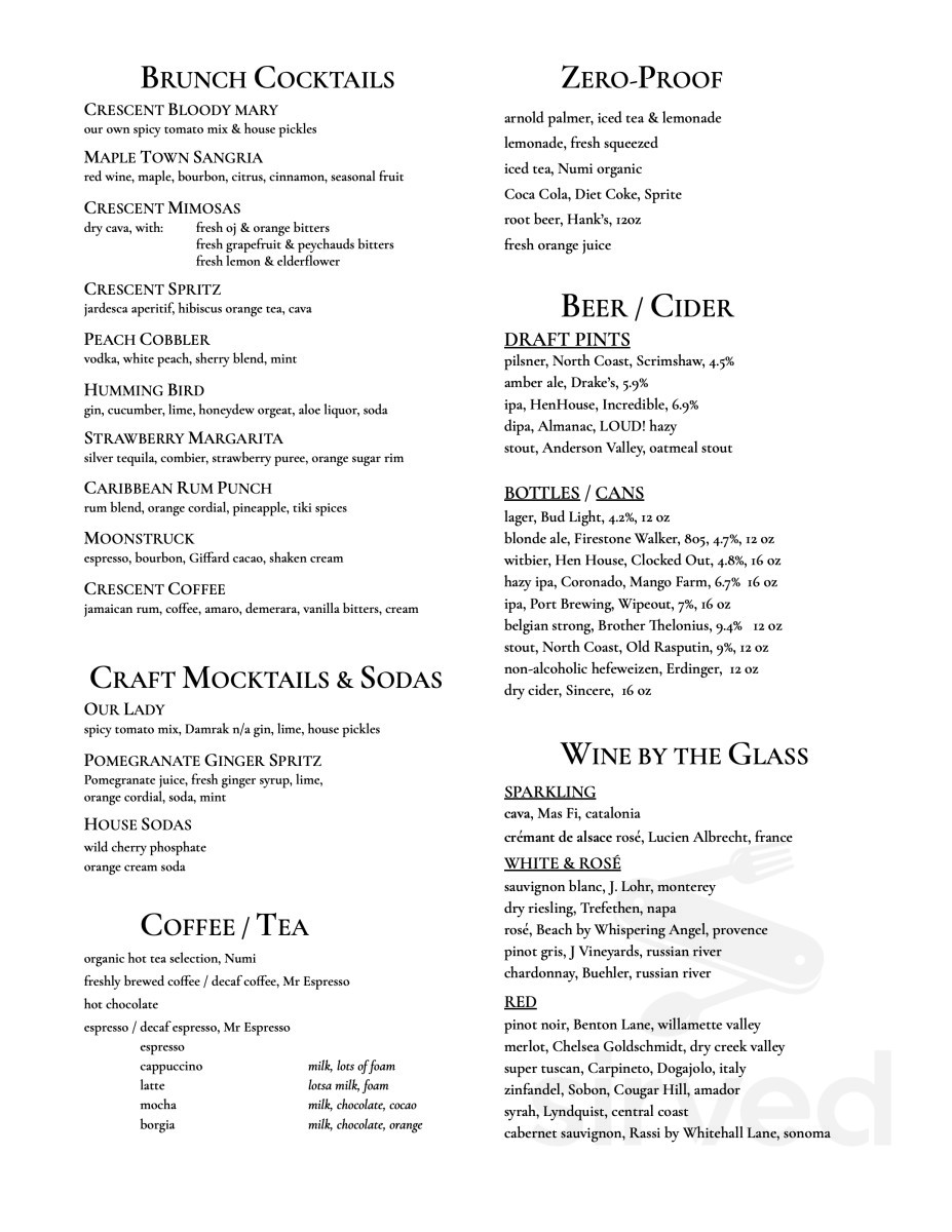 Crescent Bistro menu in Pleasant Hill, California, USA