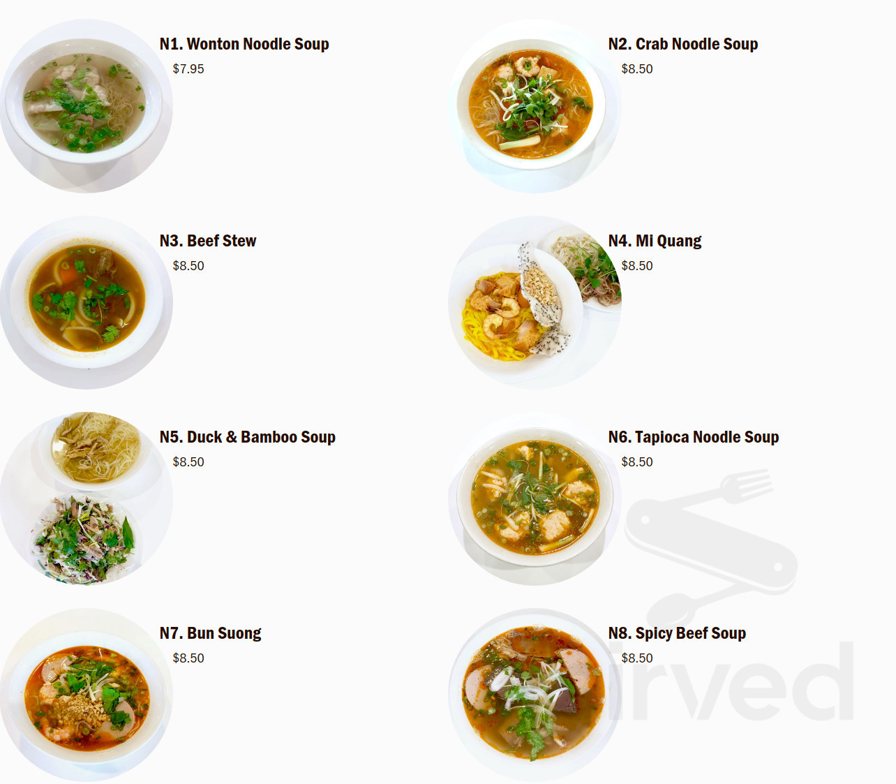 Simply Pho menu in Houston, Texas, USA