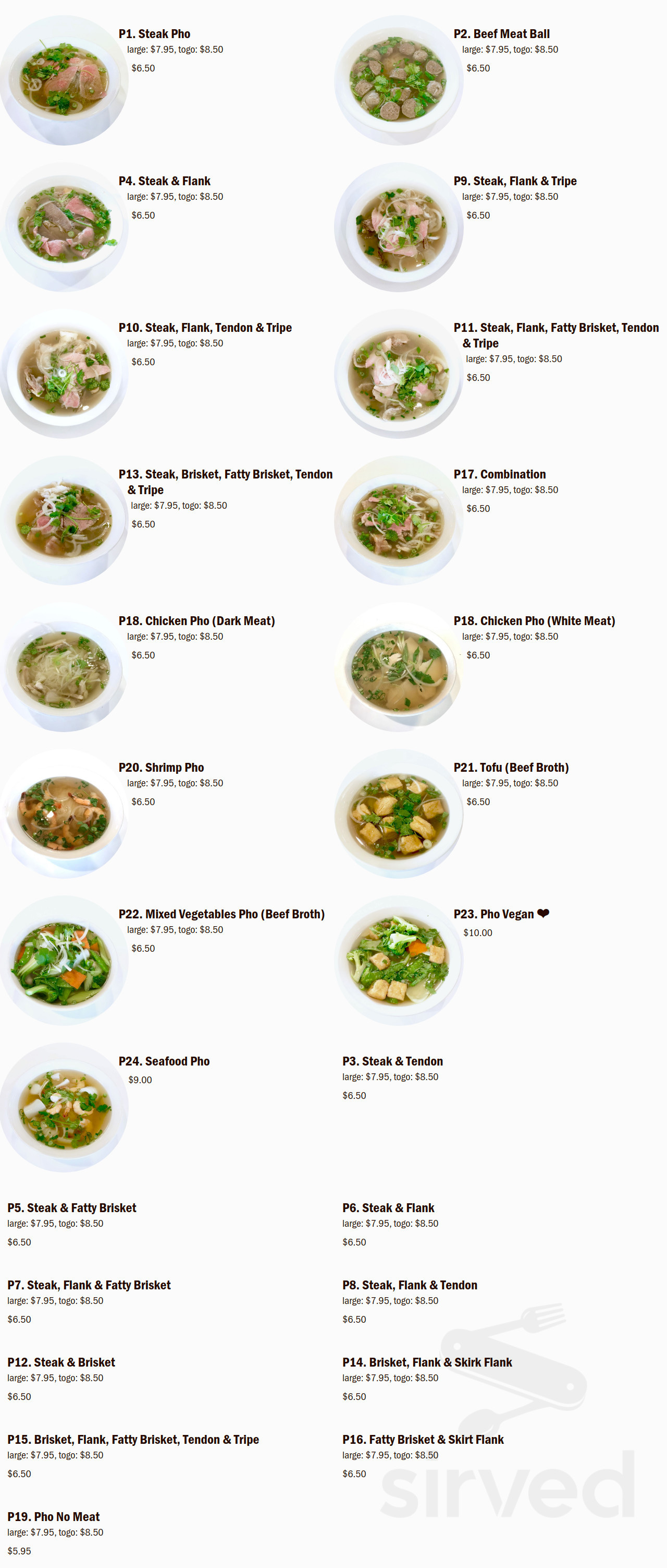 Simply Pho menu in Houston, Texas, USA