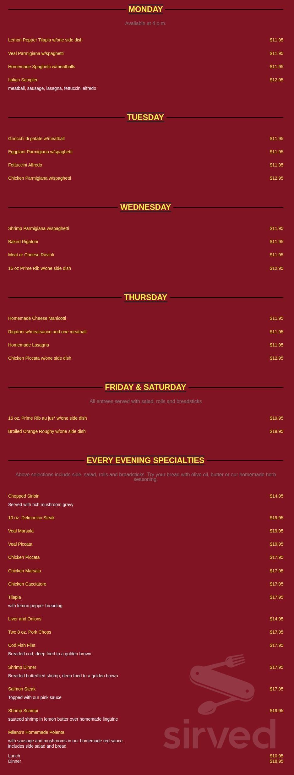 Milano's Italian Restaurant menu in Columbus, Ohio, USA