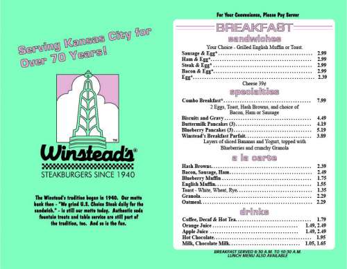 Winstead's menu in Leawood, Kansas, USA