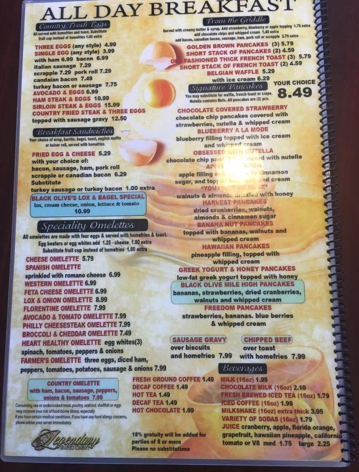Black Olive Family Diner menu in Columbia, Pennsylvania, USA
