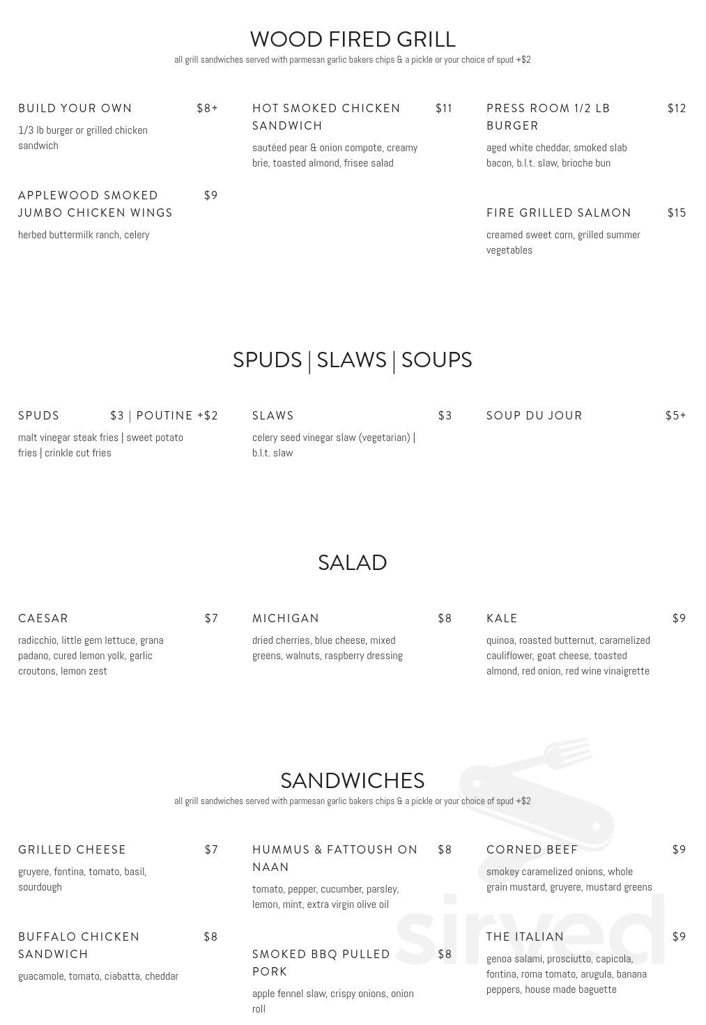 Press Room Detroit menu in Detroit, Michigan, USA