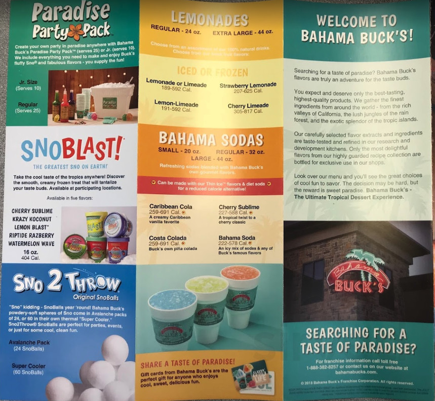 Bahama Buck's menu in Spring, Texas, USA
