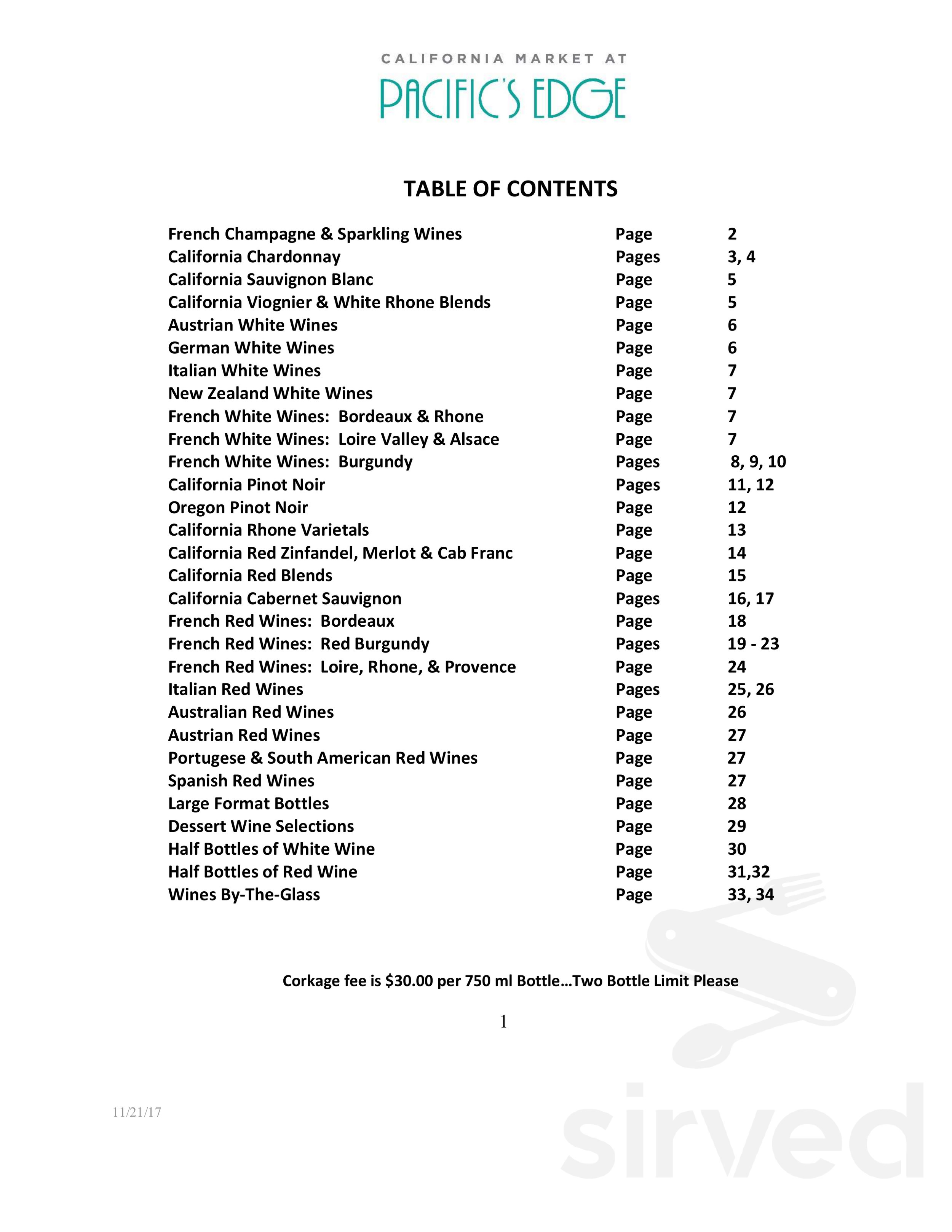 Pacific's Edge menus in Carmel-By-The-Sea, California, United States