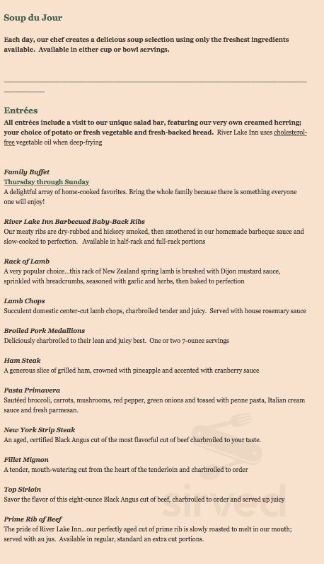 River Lake Inn Restaurant Gardens-Trails menu in Colon, Michigan, USA