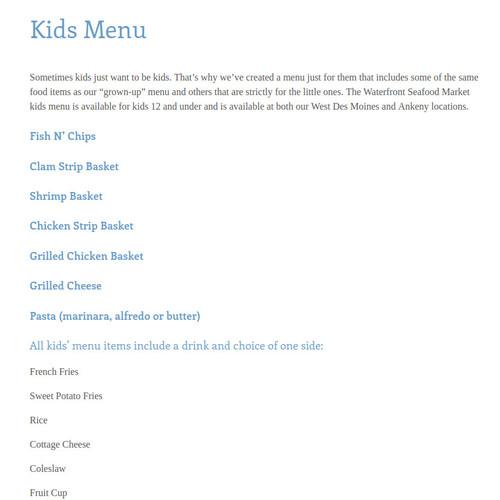 Waterfront Seafood Market Restaurant menu in Ankeny, Iowa, USA