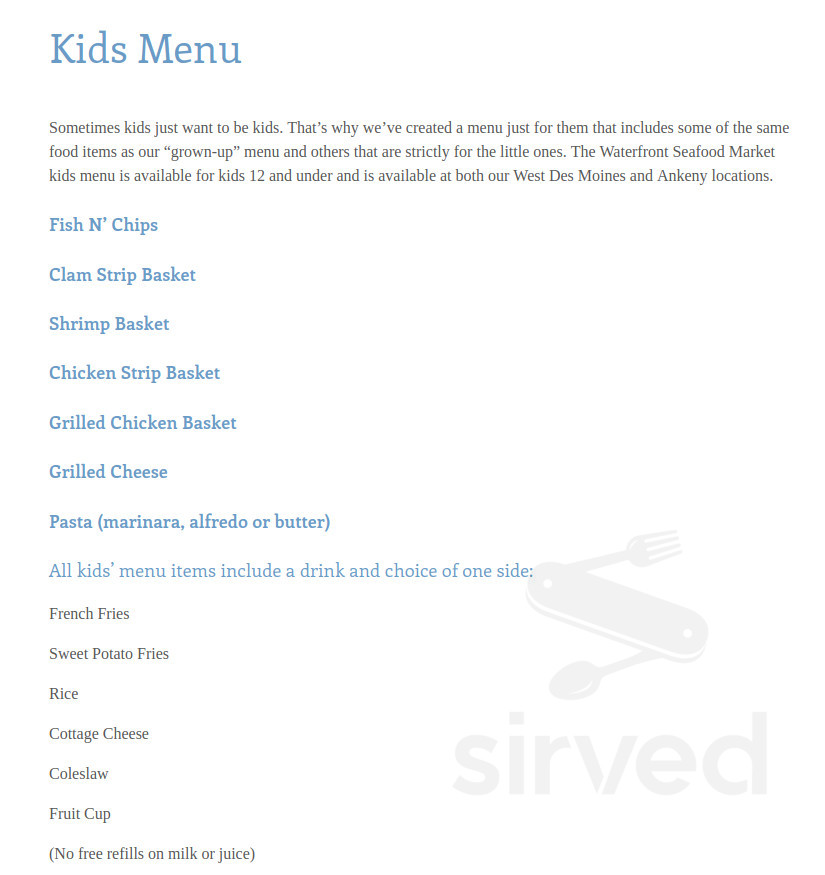 Menu for Waterfront Seafood Market Restaurant in Ankeny, IA | Sirved