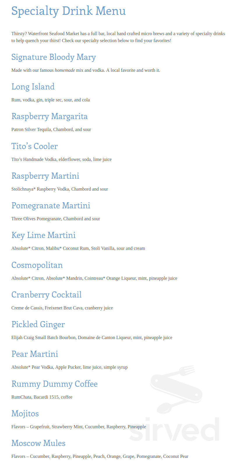 Menu for Waterfront Seafood Market Restaurant in Ankeny, IA | Sirved