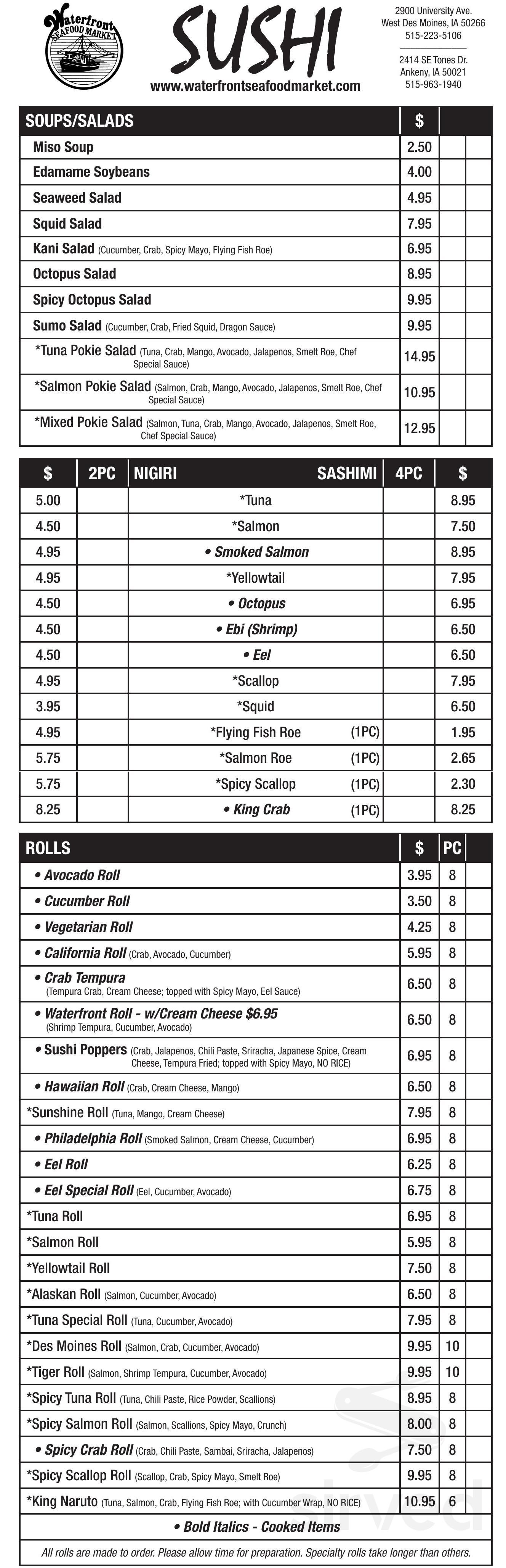 Menu for Waterfront Seafood Market Restaurant in Ankeny, IA | Sirved