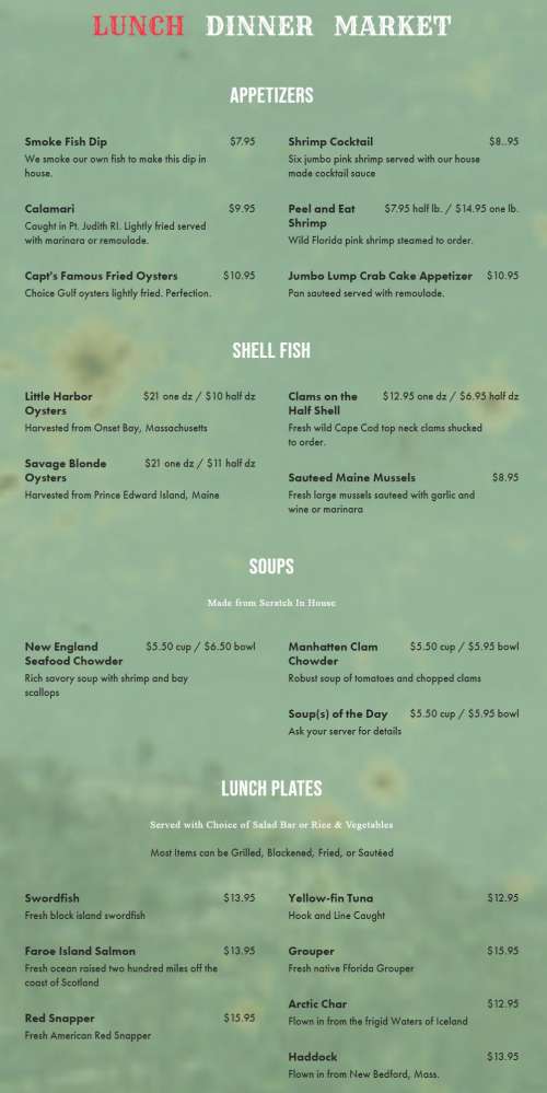 Captain Brian's Seafood Market & Restaurant menu in Sarasota, Florida, USA