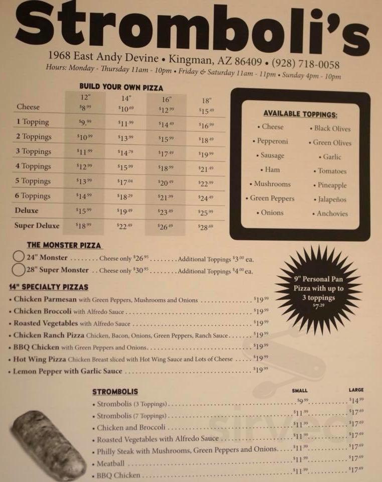 The Original Strombolis menu in Kingman, Arizona, USA
