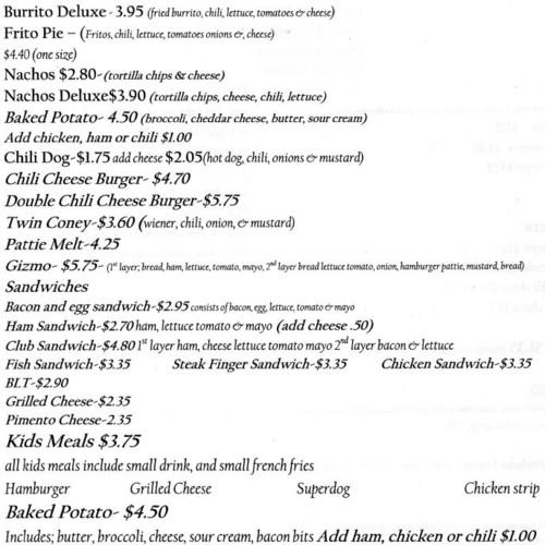 Rocky's Burgers menu in Lamesa, Texas, USA