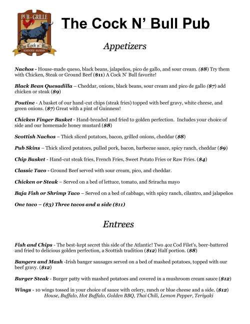 The Cock N' Bull Pub menu in Columbia, South Carolina, USA