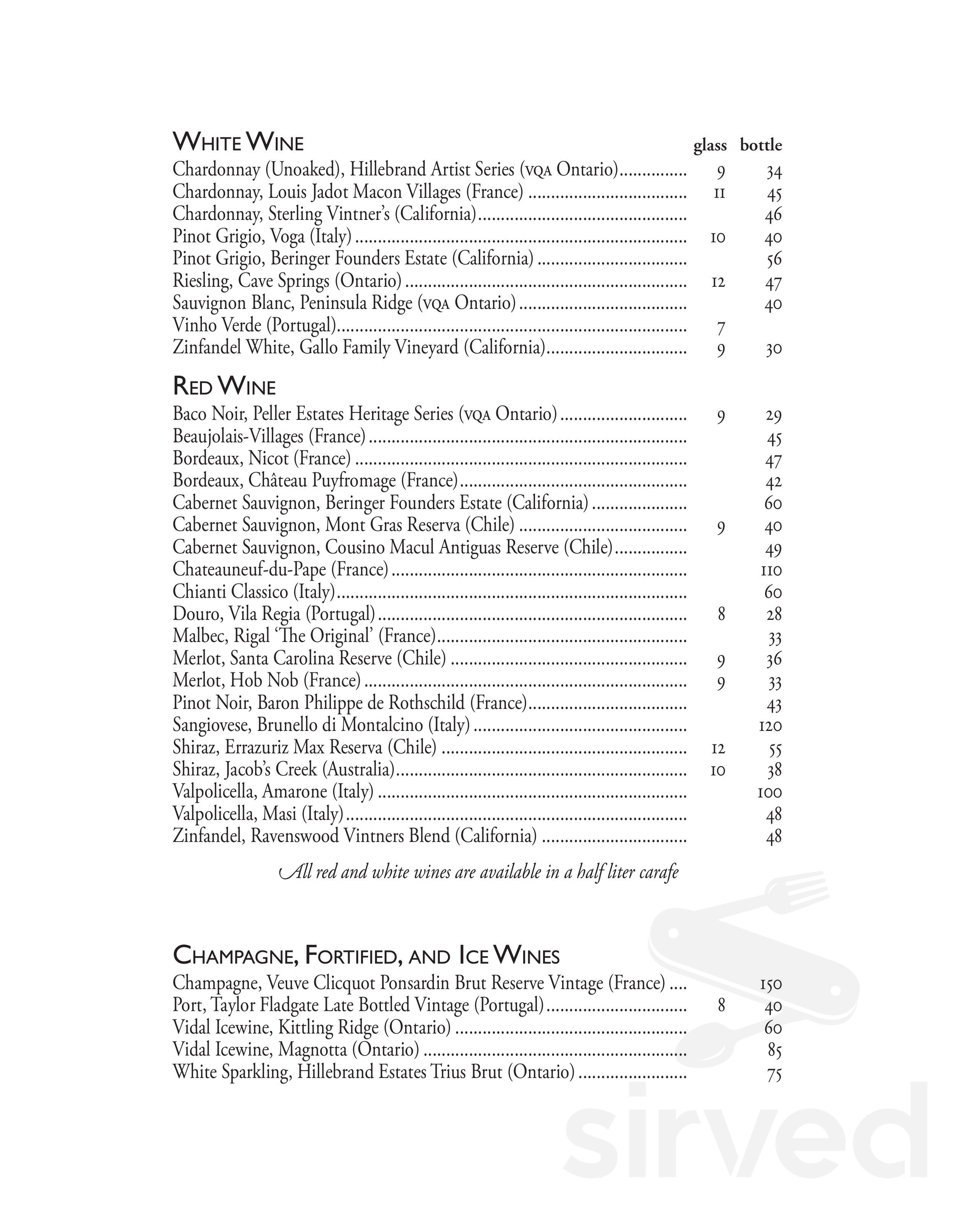 The North Restaurant menu in Barrie, Ontario, Canada