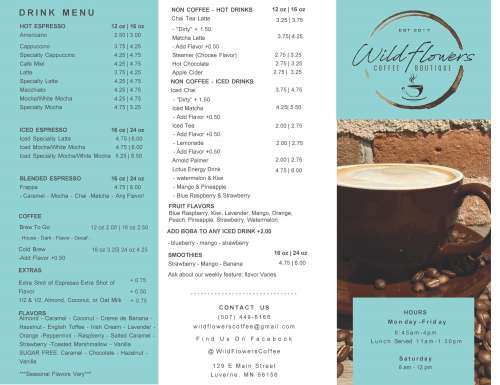 WildFlowers Coffee Boutique menu in Luverne, Minnesota, USA