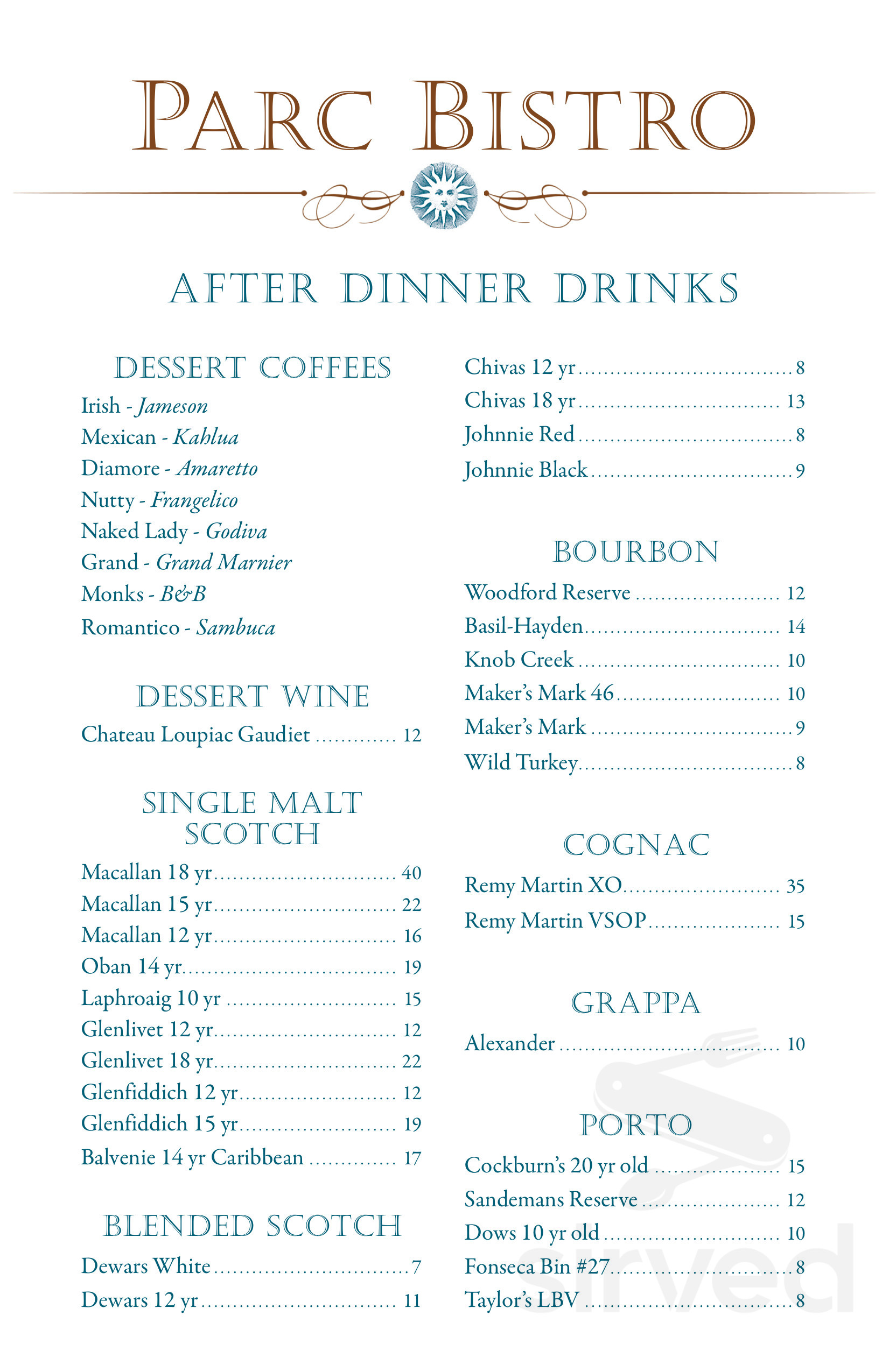Parc Bistro menu in Skippack, Pennsylvania, USA