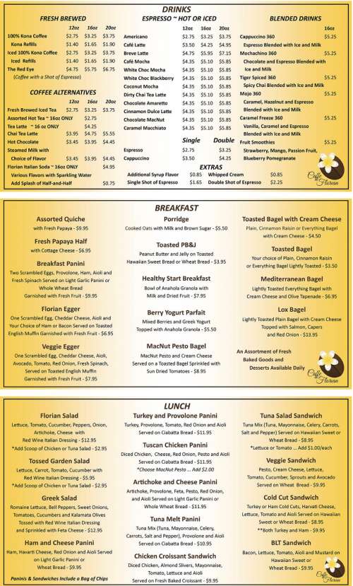 Caffe Florian menu in Kealakekua, Hawaii, USA